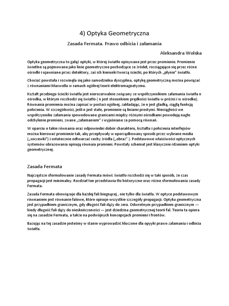 Optyka Geometryczna - Zasada Fermata, Wyprowadzenie Praw Odbicia I ...