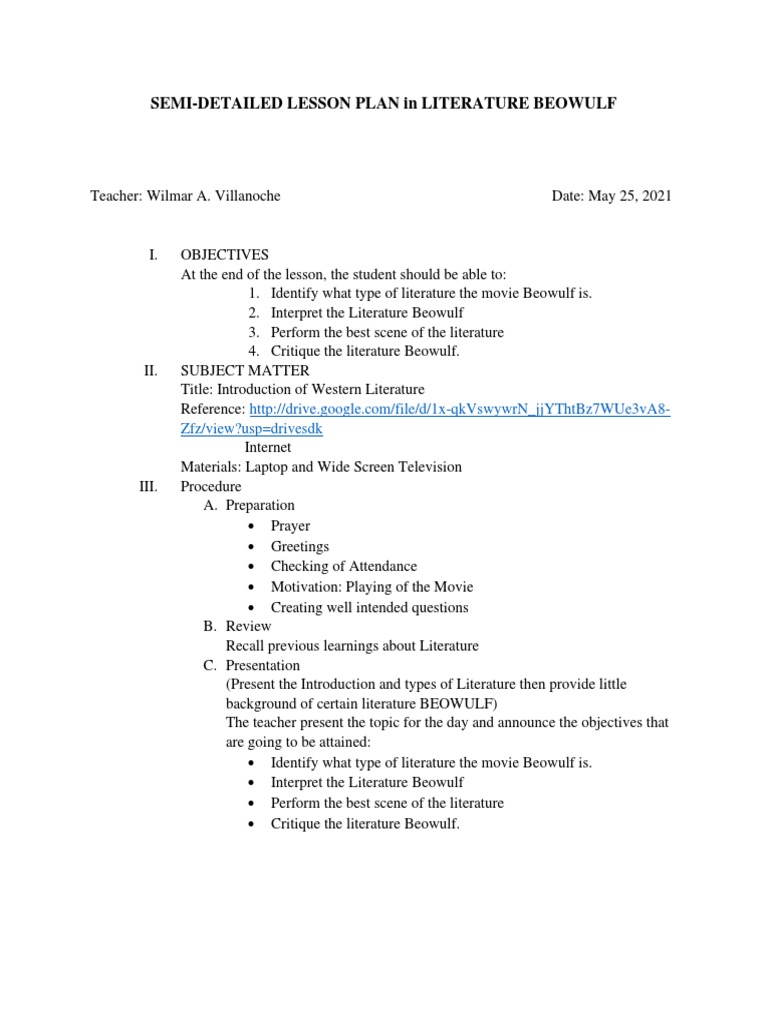 Semi Detailed Lesson Plan | PDF | Lesson Plan | Beowulf