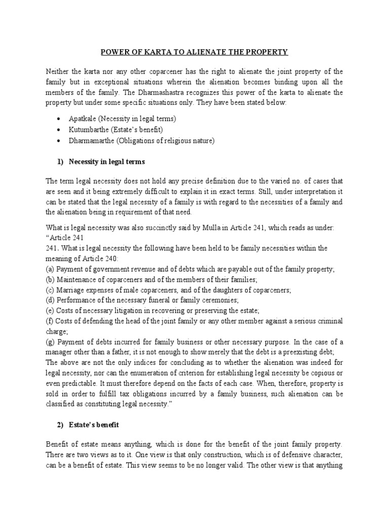 Power of Karta To Alienate The Property | PDF | Lawsuit | Property
