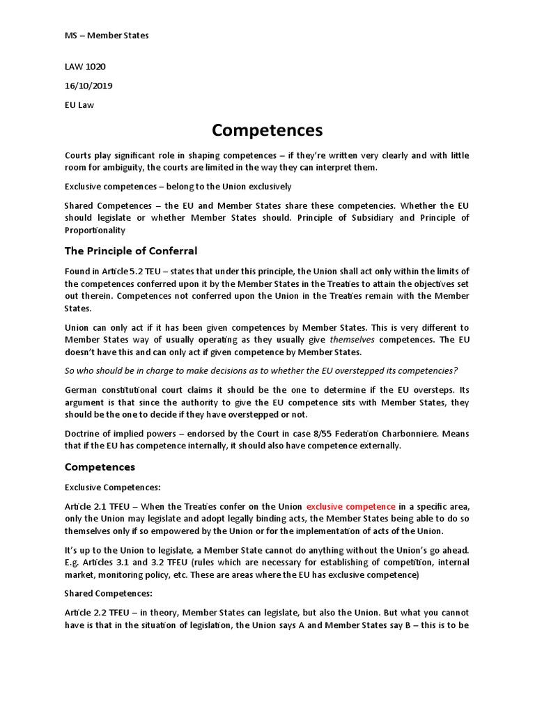 Competences: The Principle of Conferral | PDF | European Union ...