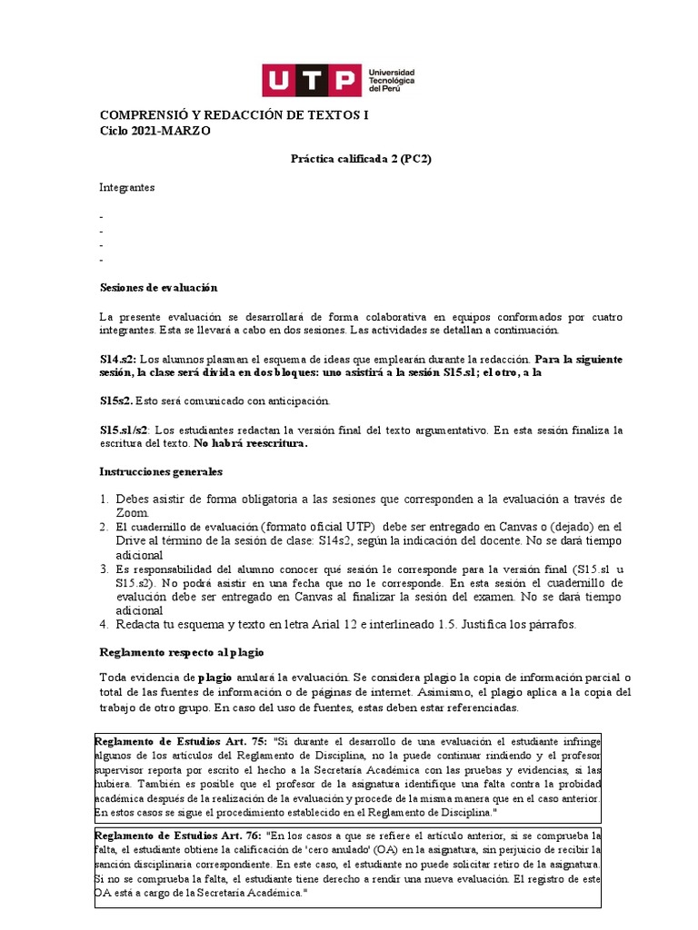 S14.s2 y S15 Práctica Calificada 2 (Formato Oficial UTP) 2021-Marzo - Version Final. | PDF ...