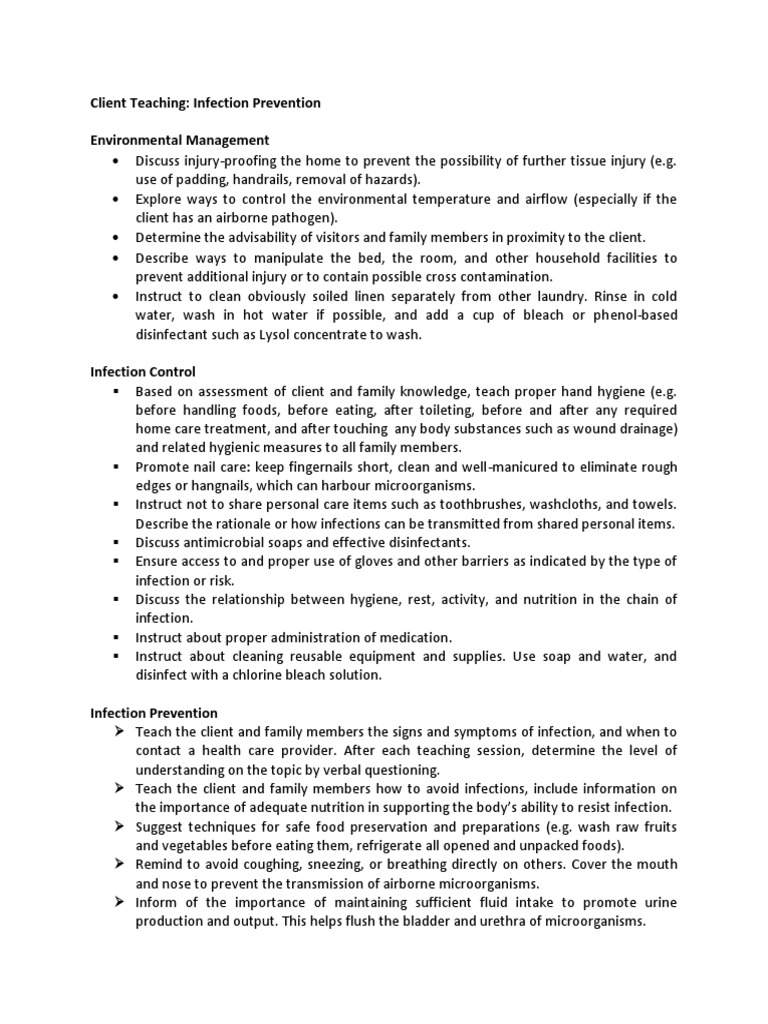 Client Teaching Infection Prevention | PDF | Hygiene | Disinfectant