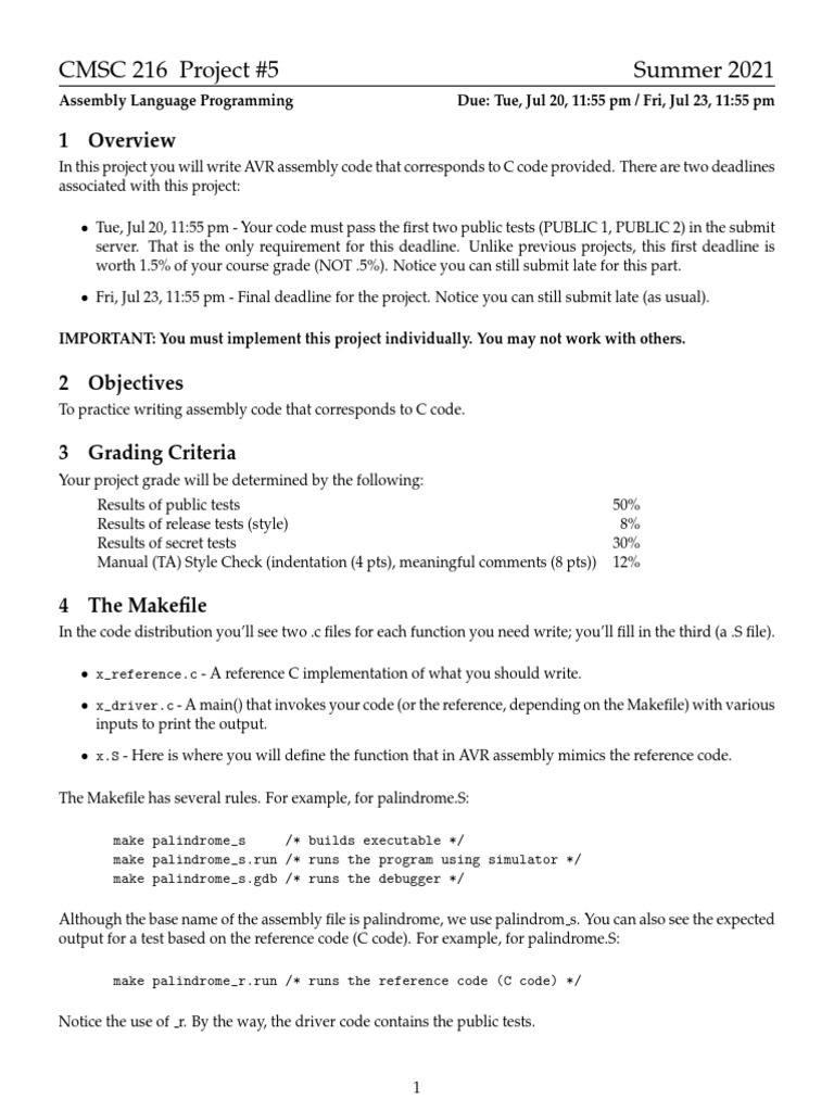 CMSC 216 Project #5 Summer 2021: Assembly Language Programming Due: Tue ...