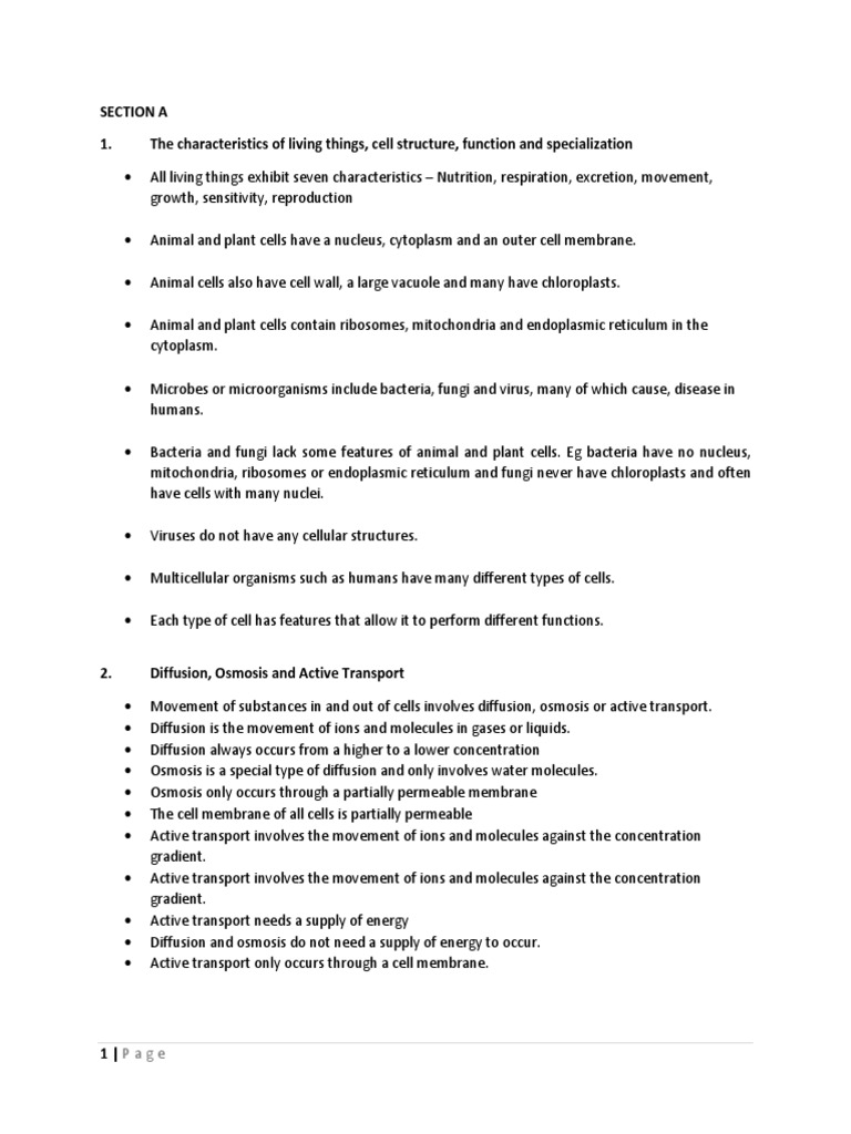 Section A 1. The Characteristics of Living Things, Cell Structure ...
