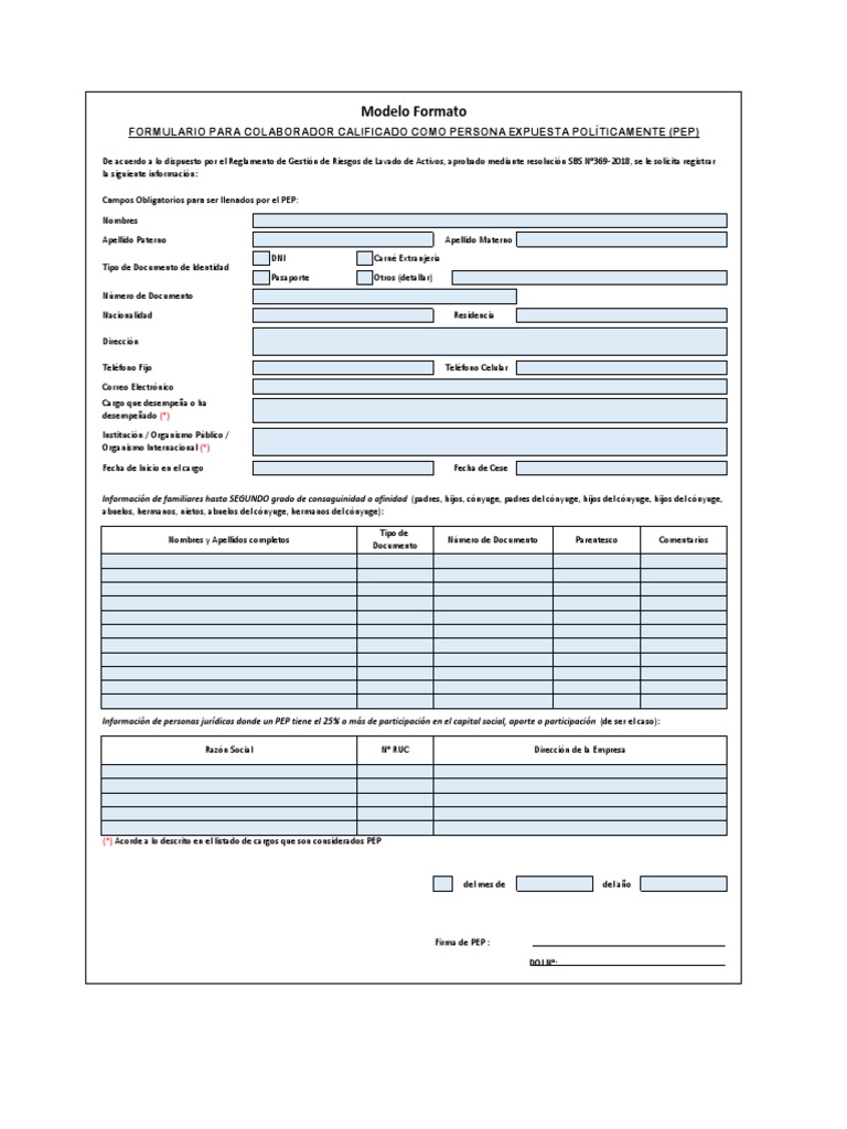Formulario para la declaración de información de Personas Expuestas Políticamente (PEP) | PDF