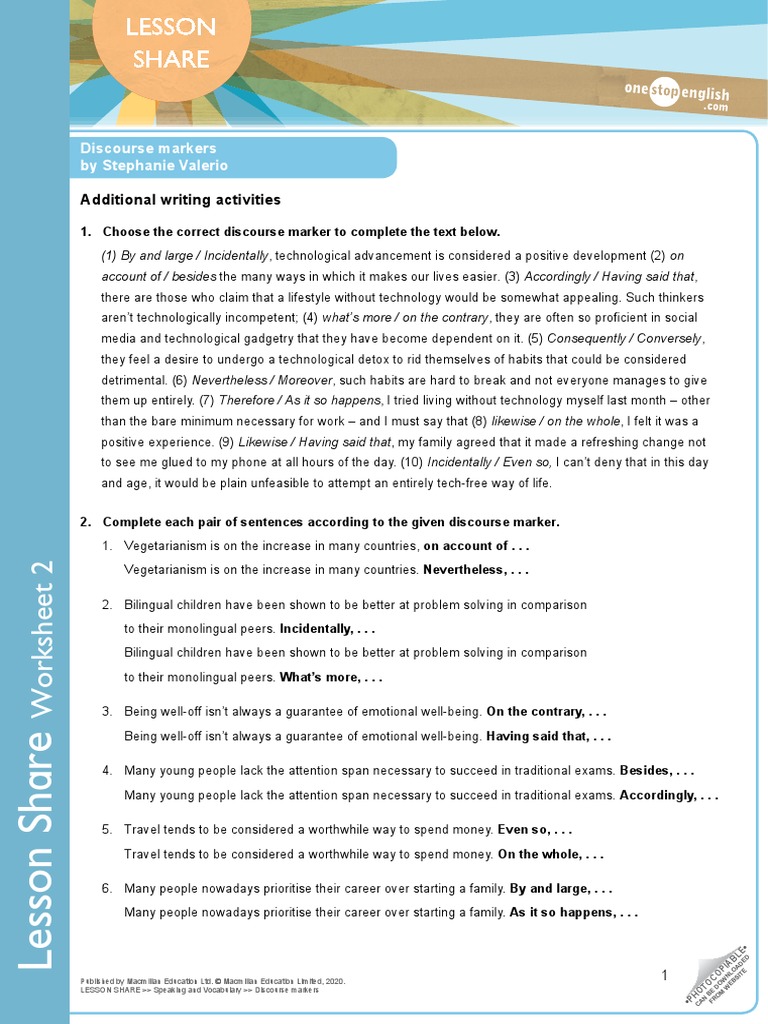 Discourse Markers by Stephanie Valerio: Additional Writing Activities ...