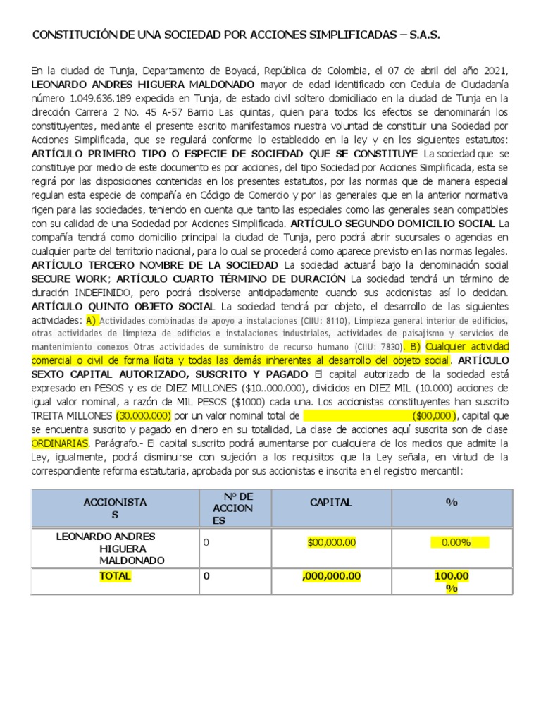 Constitución de Una Sociedad Por Acciones Simplificadas | PDF | Presupuesto | Business