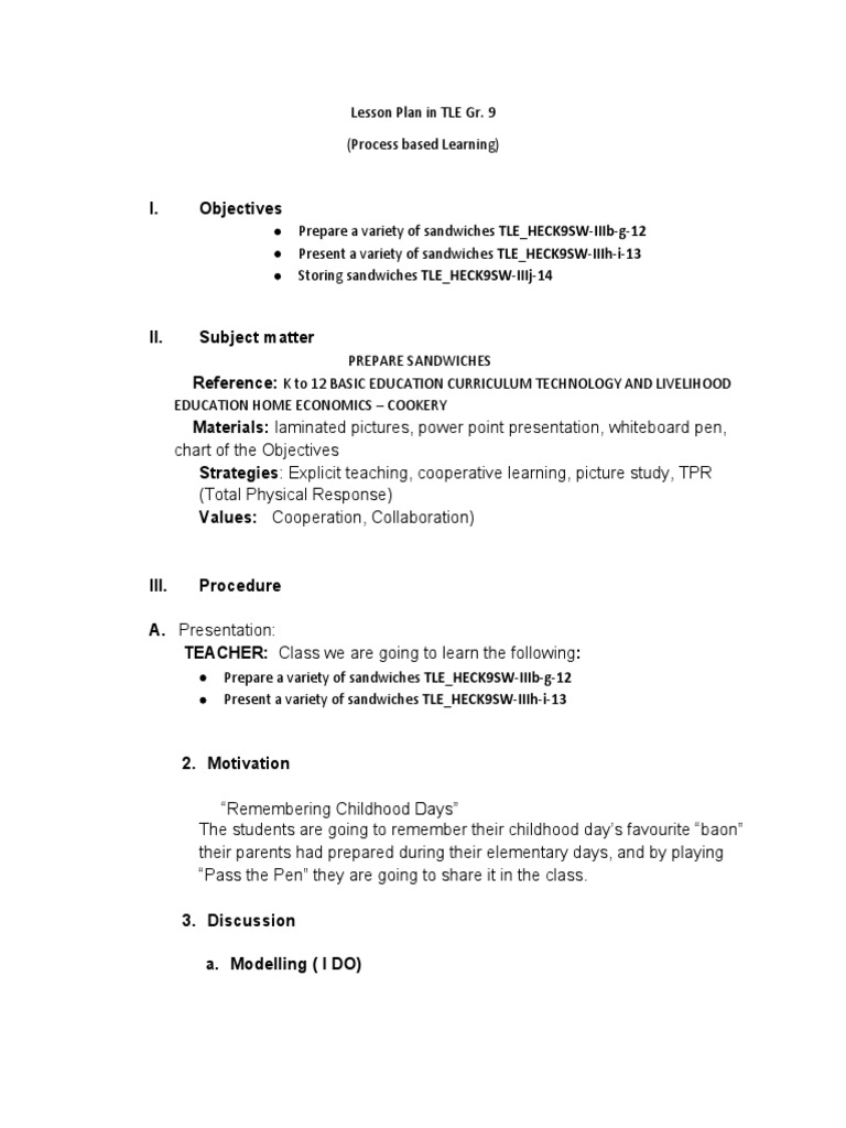 Lesson Plan in TLE (Process Based Learning) Final | PDF | Sandwich | Breads