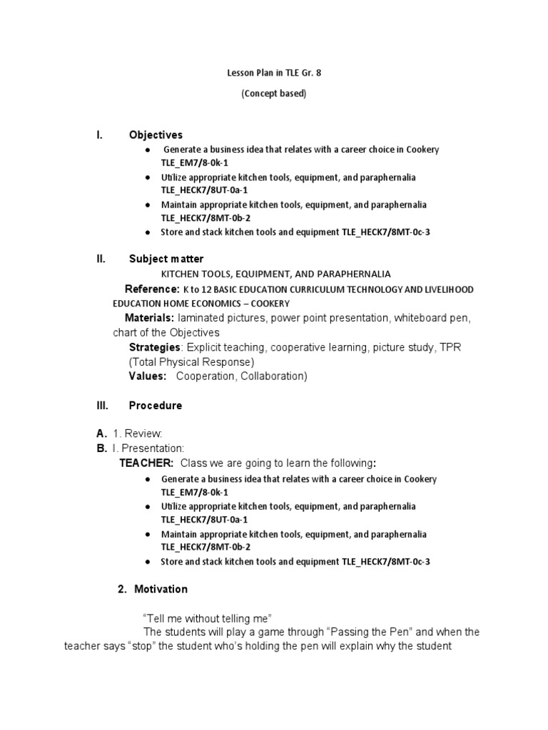Lesson Plan in TLE (Concept Based) Final | PDF | Lesson Plan | Teachers