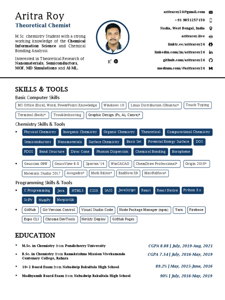 Aritra Roy: Skills & Tools | PDF | Chemistry | Computational Chemistry