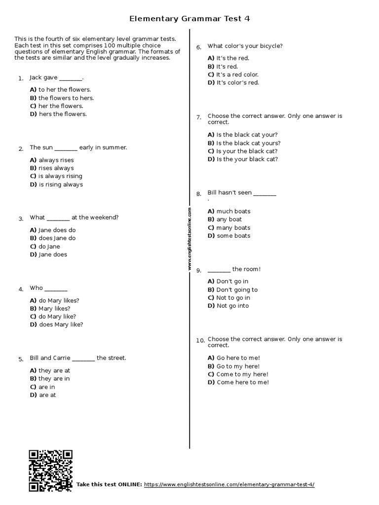 108 Elementary Grammar Test 4 | PDF