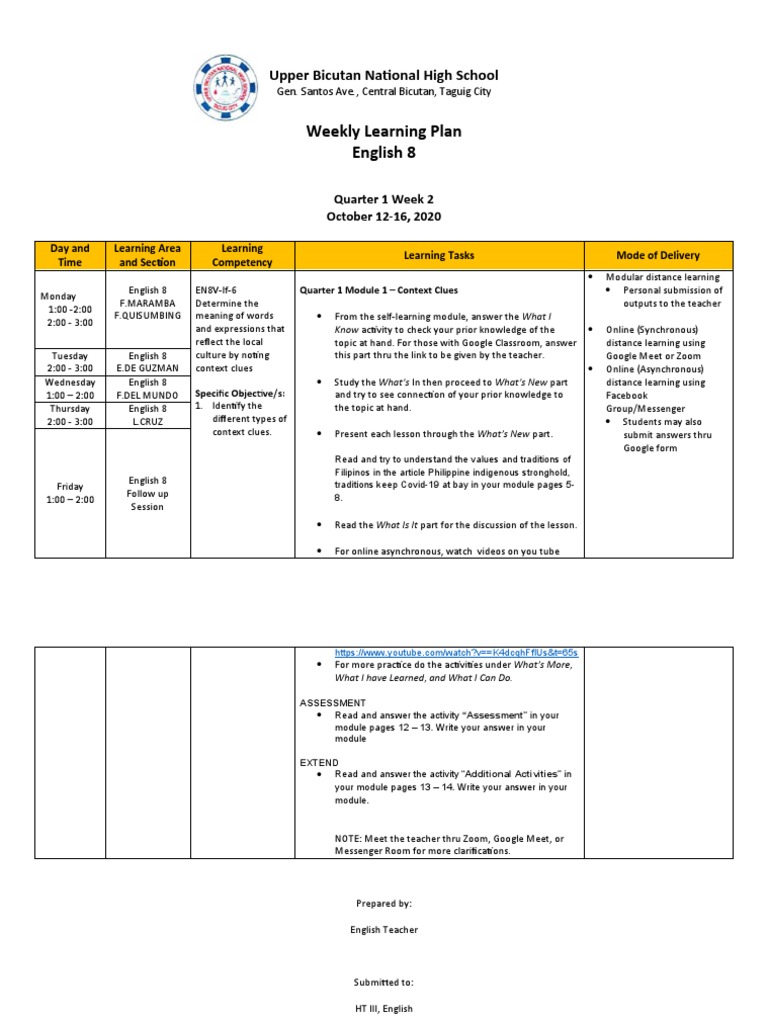 English 8 Weekly Learning Plan | PDF | Distance Education | Teaching