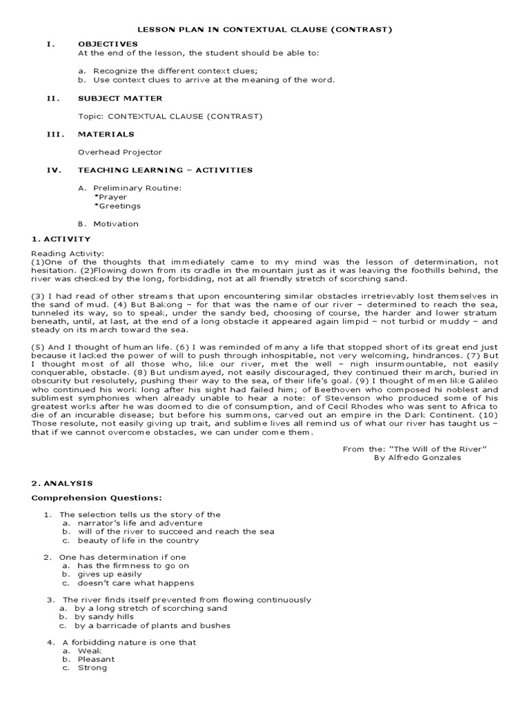 Lesson Plan in Contextual Clause (Contrast) I. Objectives | Download ...