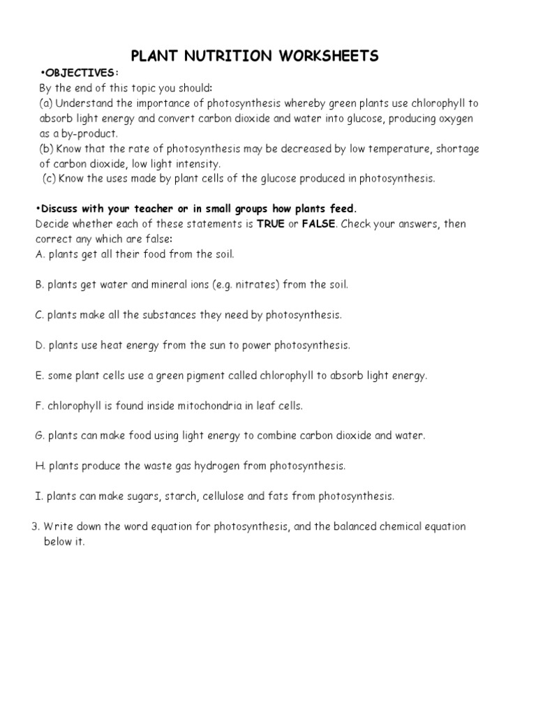 Plant Nutrition Worksheets: - Objectives | PDF | Photosynthesis | Plants