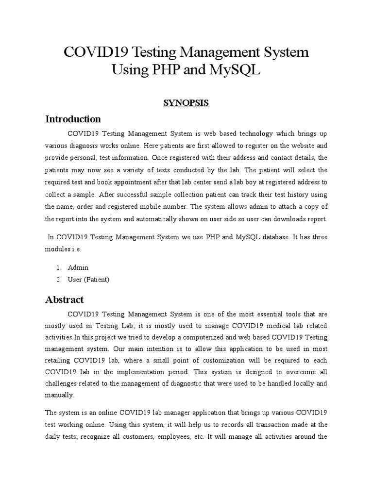 Covid19 Testing Management System Using PHP and Mysql: Synopsis | PDF ...