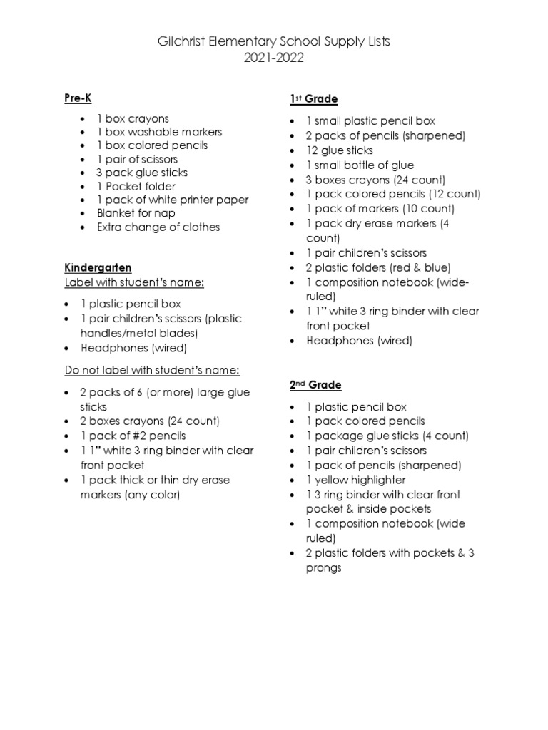 Gilchrist Elementary School Supply Lists 2021-2022 | PDF | Pencil ...