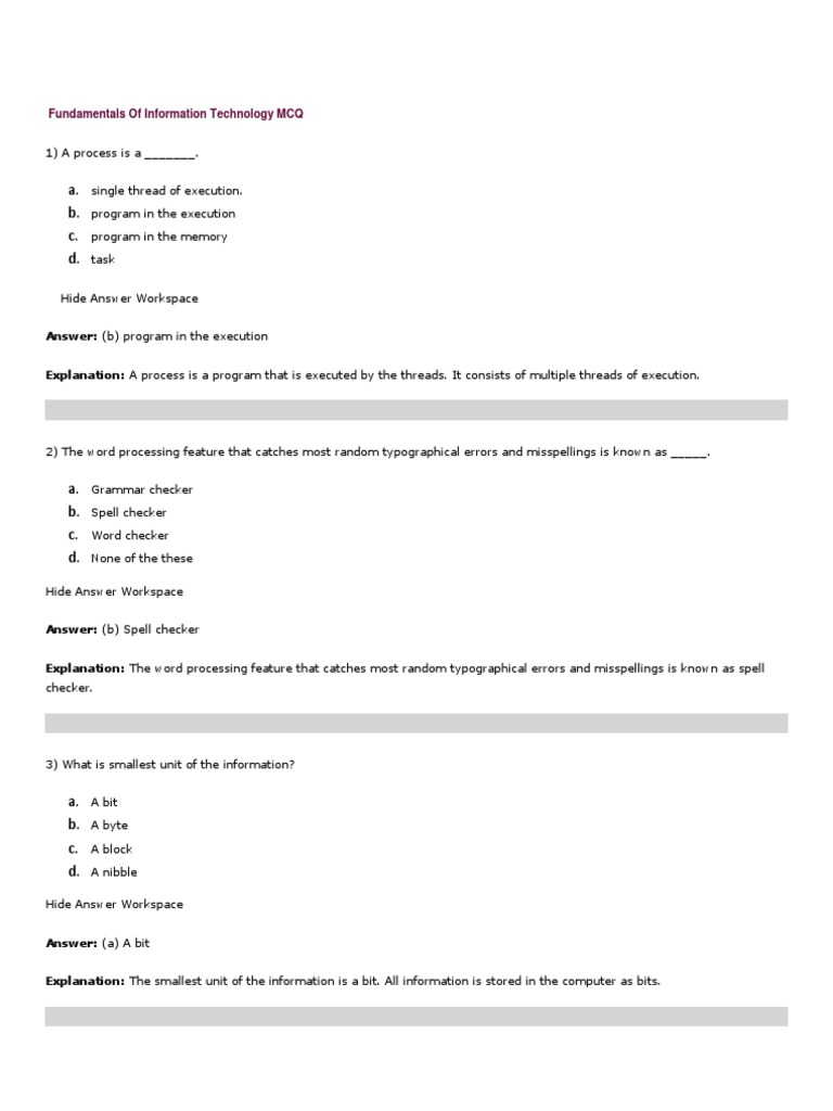 Fundamentals of Information Technology MCQ | PDF | Random Access Memory ...