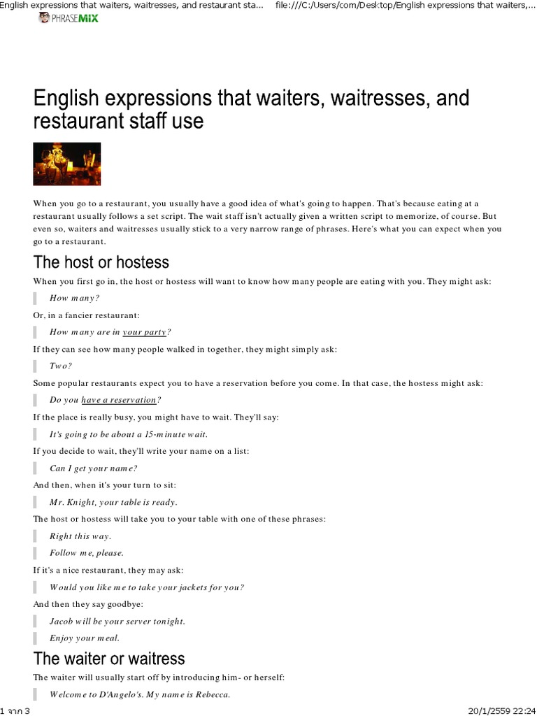 Essential Phrases for Restaurant Staff | PDF | Waiting Staff | Food ...