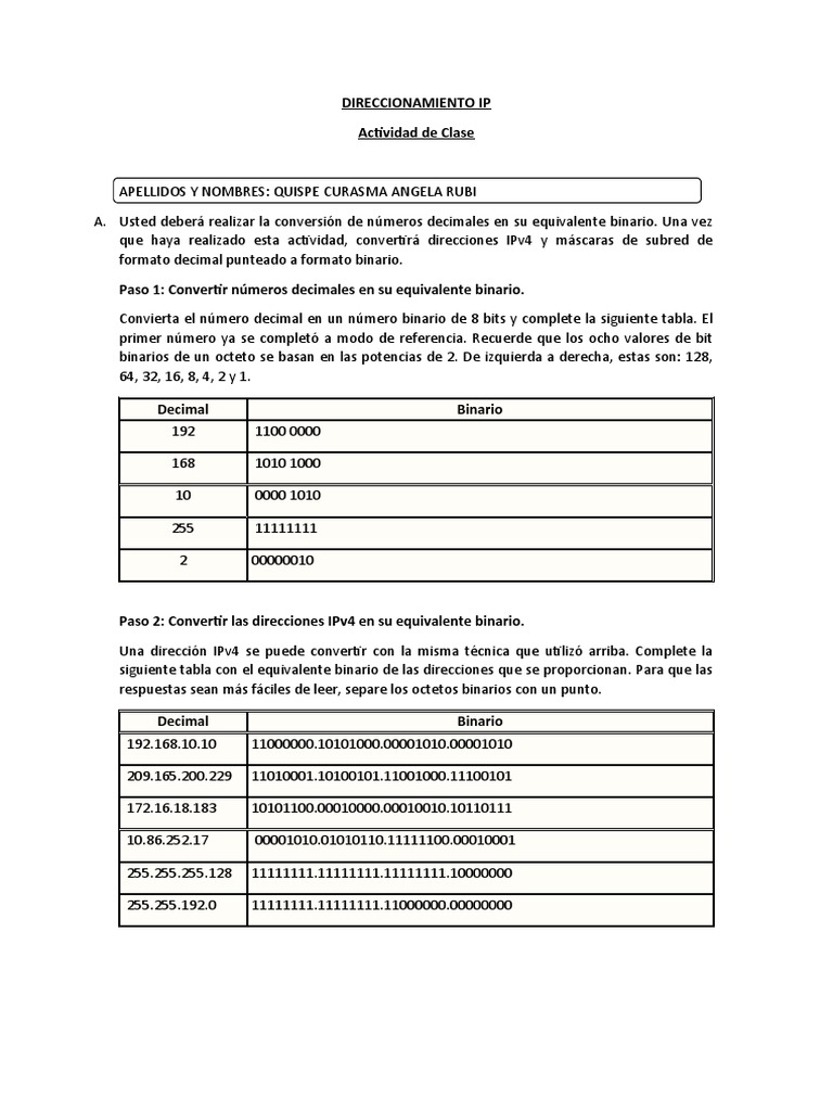 Conversiones entre formatos decimal y binario de direcciones IP y ...