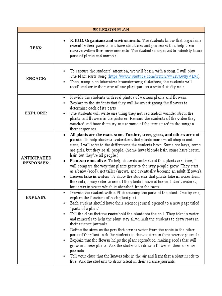 5e Lesson Plan | PDF | Root | Plants