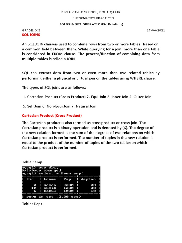 XII L Notes 4 SQL Joins& Set 17-04-2021 Printing | PDF | Scientific ...