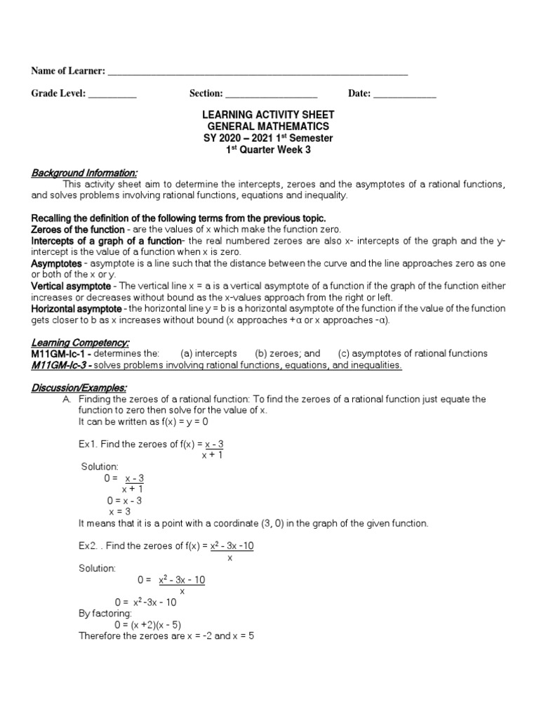 Lesson 3 General Mathematics Sy 2020-2021 | PDF | Asymptote | Equations