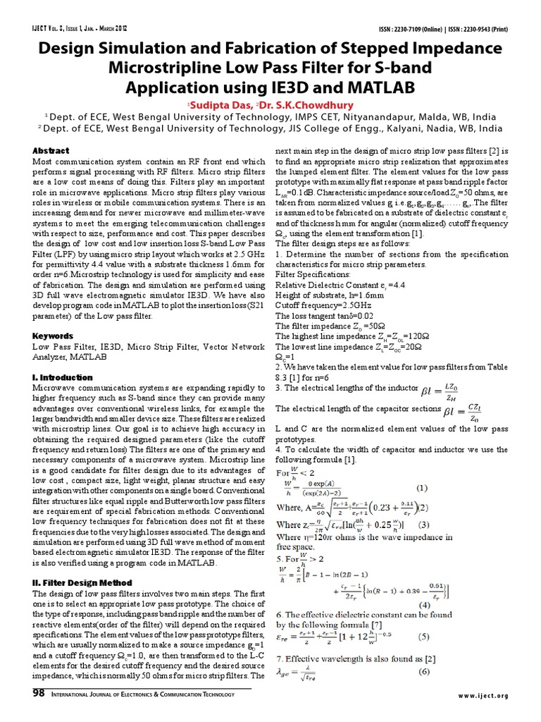 Design Simulation and Fabrication of Stepped Impedance Microstripline Low Pass Filter For S-Band ...