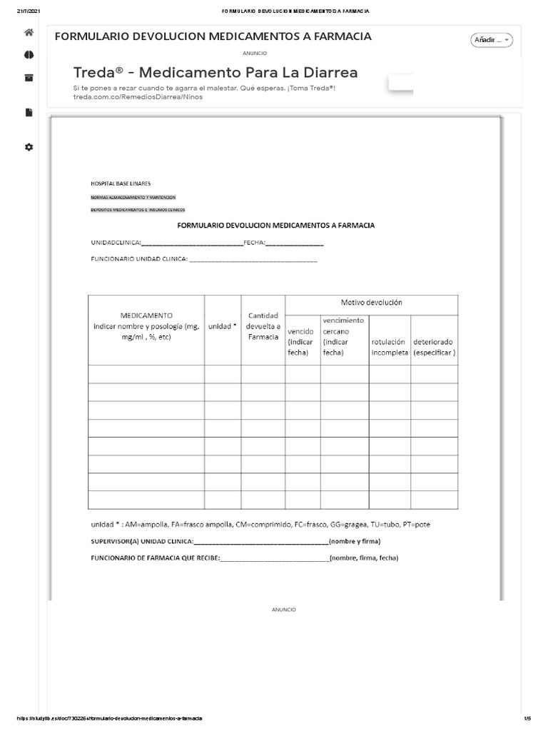 Formulario Devolucion Medicamentos A Farmacia | Descargar gratis PDF | Farmacia | Science