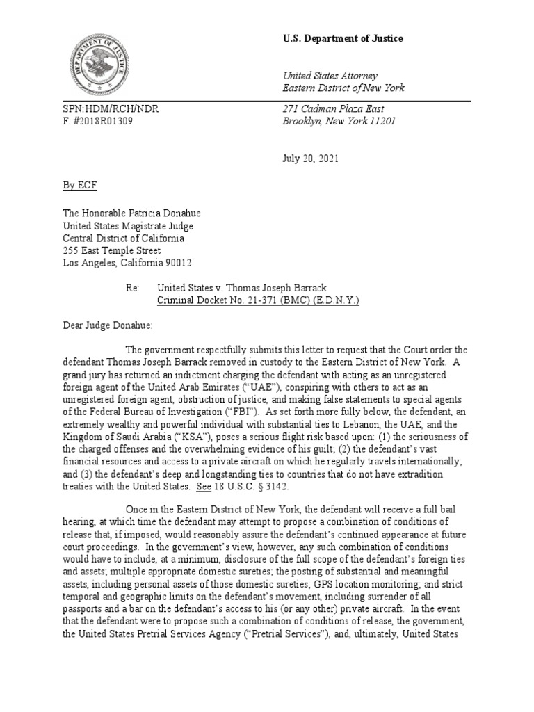 USA V Barrack Letter Motion Detention EDNY | PDF | United Arab Emirates ...