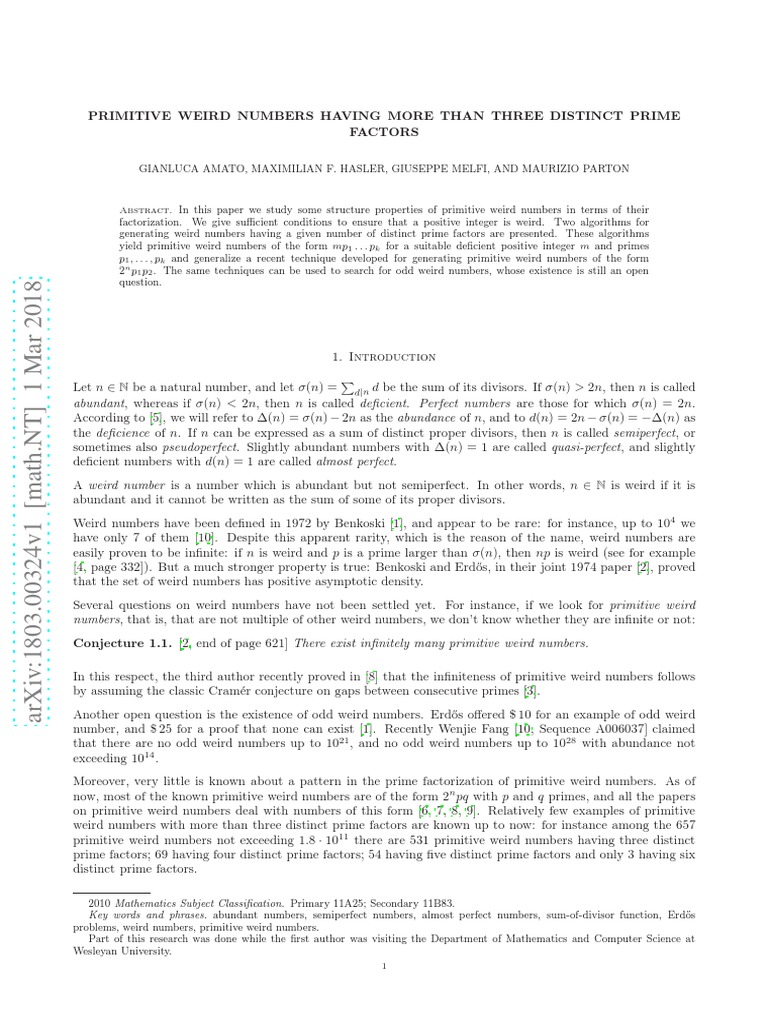 Primitive Weird Numbers Having More Than Three Distinct Prime Factors Pdf Prime Number