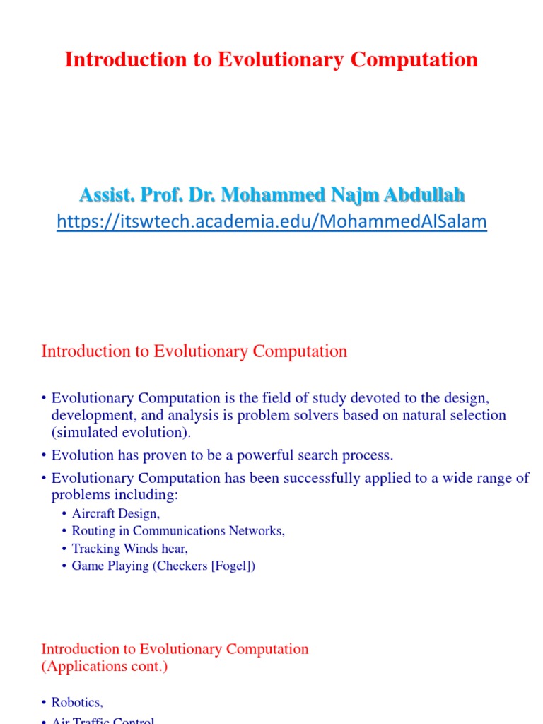 Introduction To Evolutionary Computation: Assist. Prof. Dr. Mohammed Najm Abdullah | Download ...