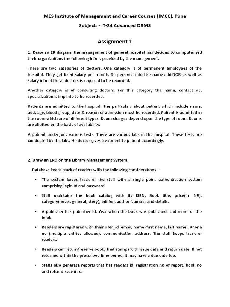 Assignment 1: MES Institute of Management and Career Courses (IMCC), Pune Subject: - IT-24 ...