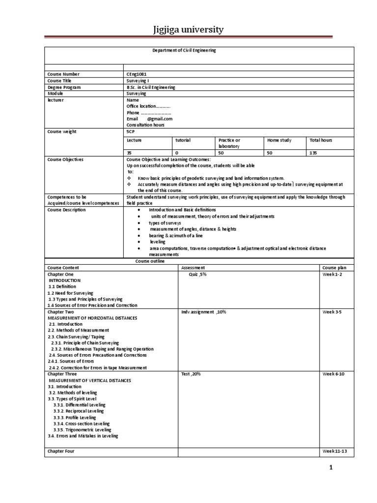 Course Outline For Surveying I | PDF | Surveying | Metrology