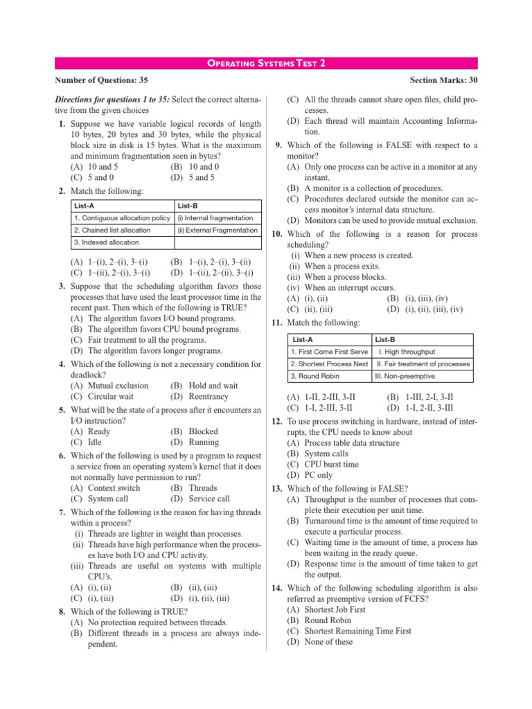 Operating Systems Test 2: Number of Questions: 35 Section Marks: 30 ...