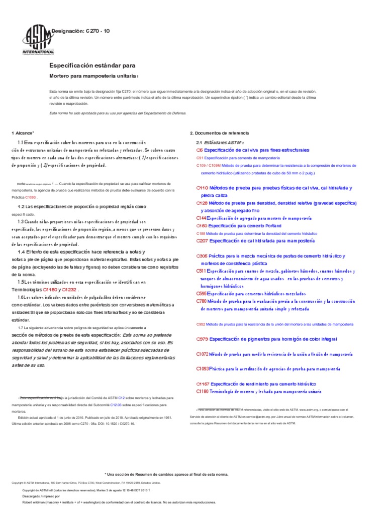 ASTM - C270-10 (1) .En - Es | PDF | Cemento | Mortero (Albañilería)