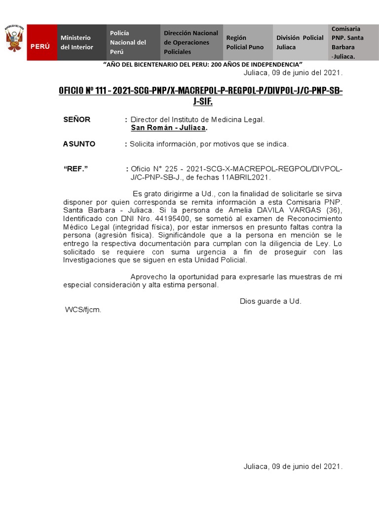 Oficio Solicitando Informacion RML | PDF | Perú | Policía