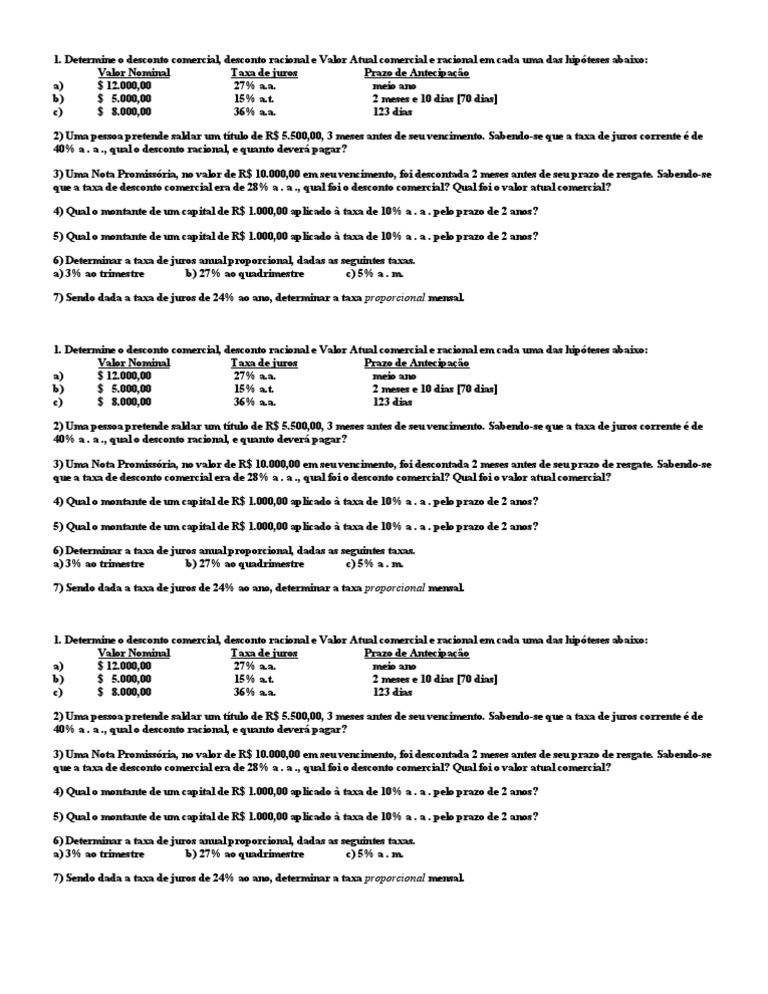 Matematica Financeira - Lista de Exer | PDF | Desconto | Factoring (fomento mercantil ou comercial)