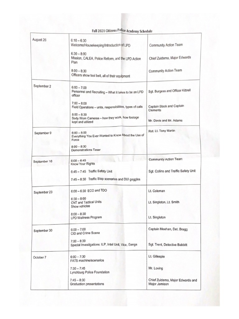 Fall 2021 Citizens Police Academy Schedule | PDF