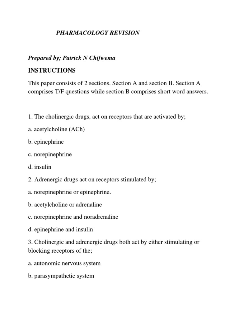 PHARMACOLOGY REVISION Questions | PDF | Acetylcholine | Norepinephrine