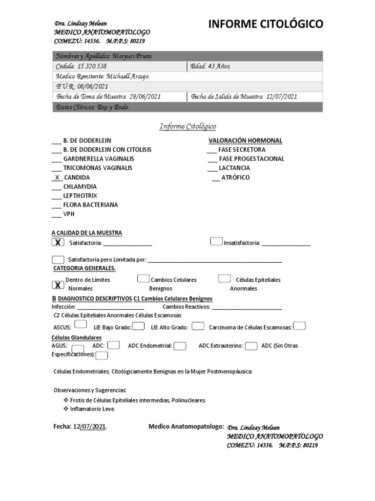 Informe Citológico: Resultados y Diagnósticos | PDF | Microscopía ...