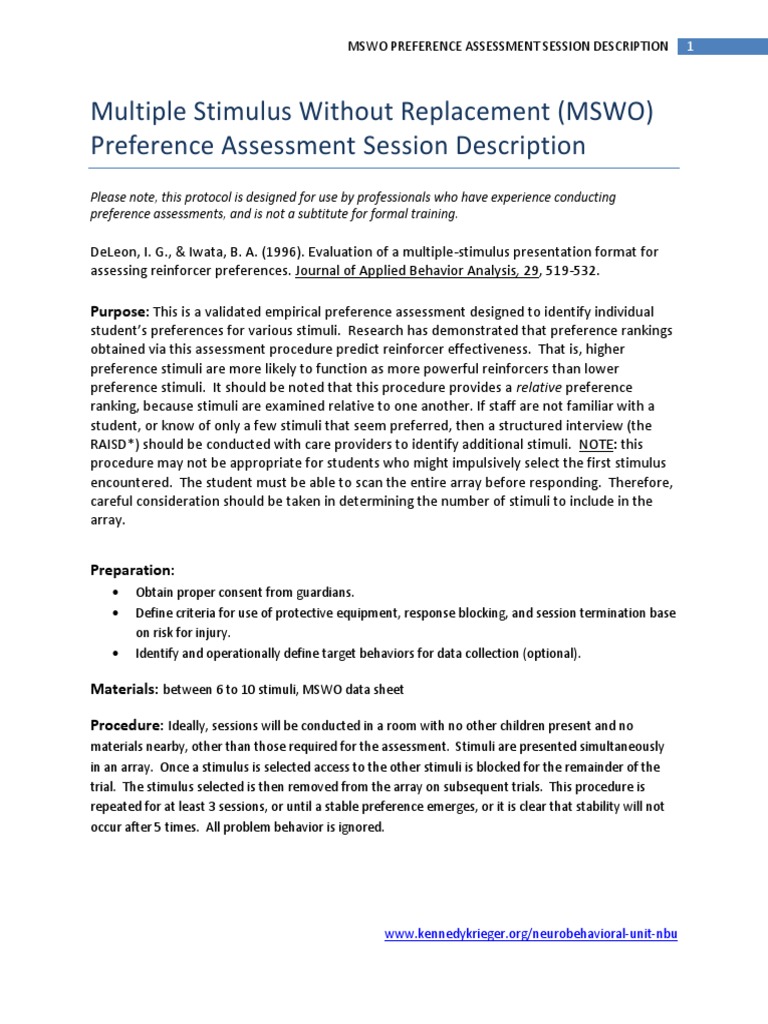 Mswo Preference Assessment | PDF | Reinforcement | Stimulus (Physiology)