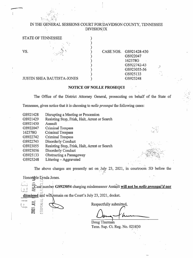 Notice of Nolle From The Davidson County DA's Office | PDF