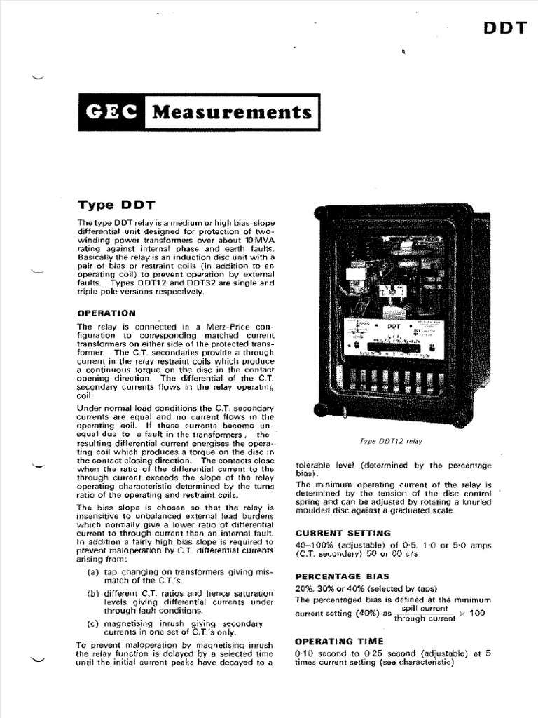 GEC DDT Relay for Transformer Protection | PDF | Relay | Transformer