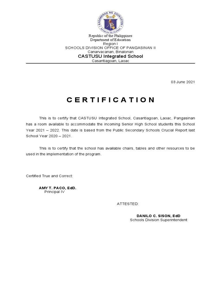 Certification of School Facilities Availability | PDF