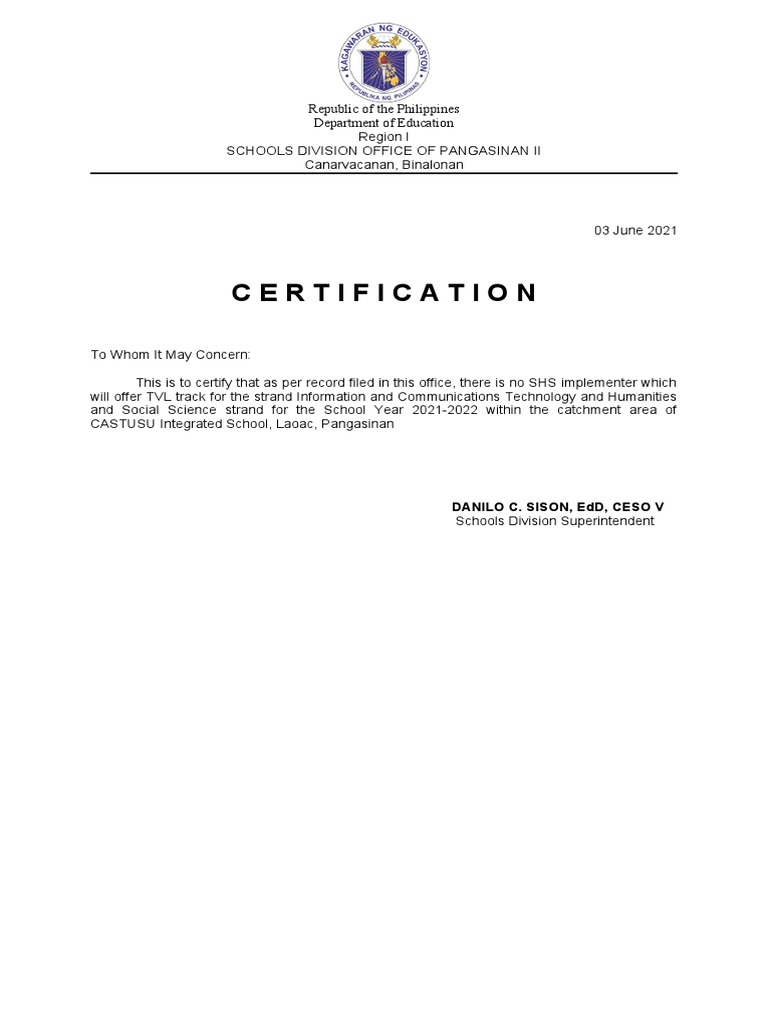 No SHS Implementer Certification | PDF