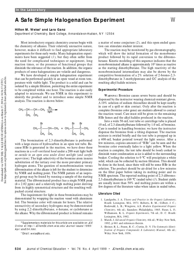 A Simple and Safe Halogenation Experiment for Introductory Organic ...