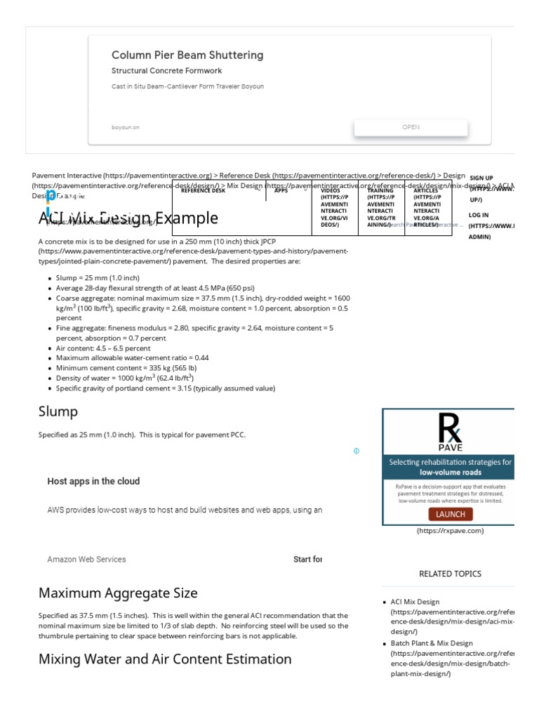 ACI Mix Design Example - Pavement Interactive | PDF | Volume | Concrete