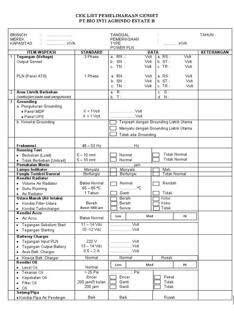 Data List Pengecekan Genset | PDF