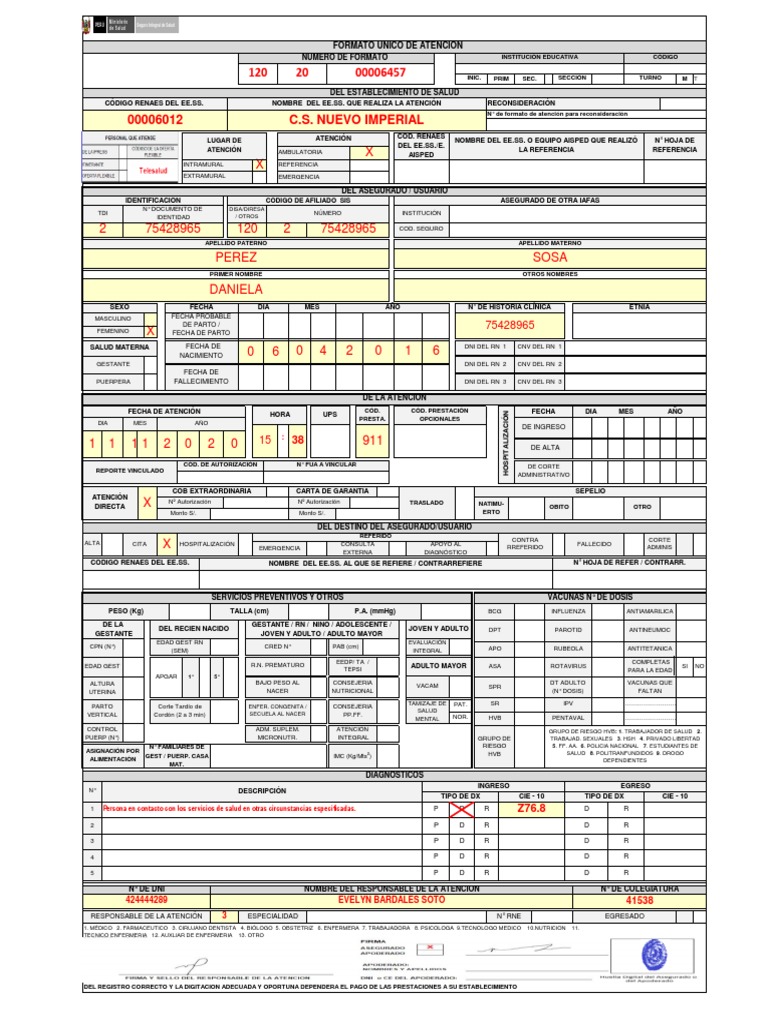 Modelo de Llenado Fua 911 Por Telesalud Con Kit | PDF | Ciencias de la Salud | Medicina