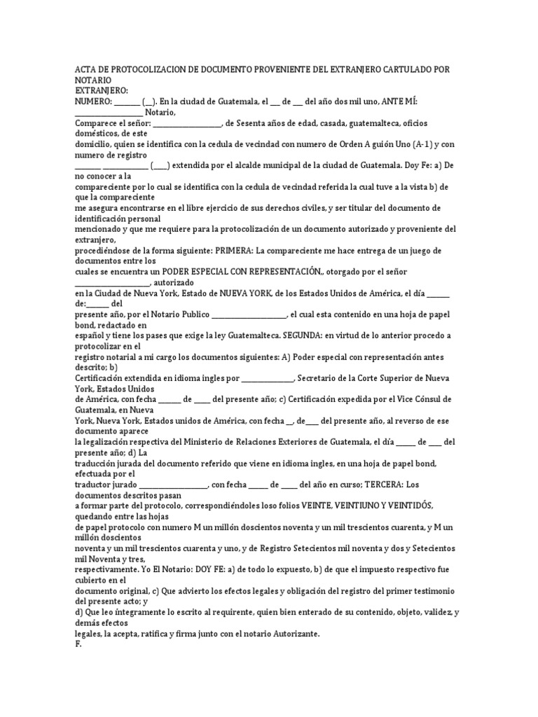 Acta de Protocolizacion de Documento Proveniente Del Extranjero Cartulado Por Notario | PDF ...